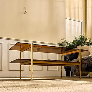 Saint Mossi Tadio Double Layer Glass Coffee Table for Living Room, Brown Glass & Coffee Brown MDF Bottom Shelf