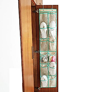 NIMES Hanging Narrow Door Over The Door Shoe Organizer Closet Storage 12 Large Clear Pockets Chart (Beige)