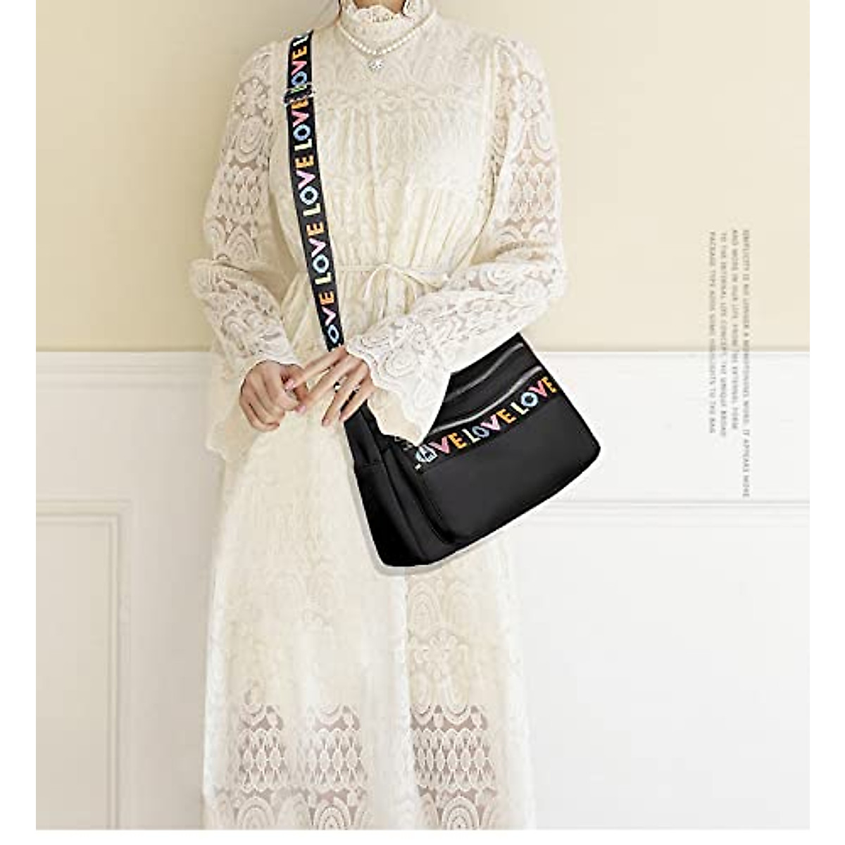 ZEHO Print Multi Pocket Nylon Crossbody Bag for Women Messenger Bags Lightweight Travel Shoulder Bag Waterproof, Love Letter Print