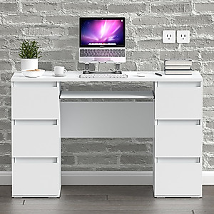 Furnicare White Computer Desk with 6 Drawers, Home Office Writing Desk with Storage Shelf, Modern Work Study Writing Table Desk, PC Laptop Table Vanity Makeup Desk for Bedroom, 47 Inch, White