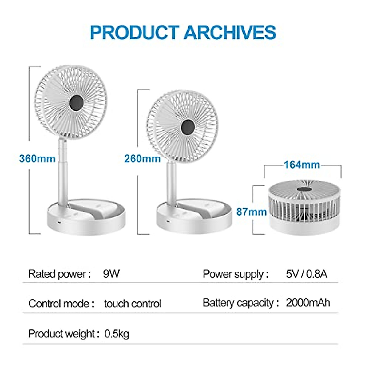 Maelifu Folding Fan Quiet 3- Speed Wind Highly Stretchable Simulated Natural Wind 180 ° Adjustment Battery Powered or USB Powered Home Desk Bedroom Portable Travel Mini Decorative Fan (White) (White)