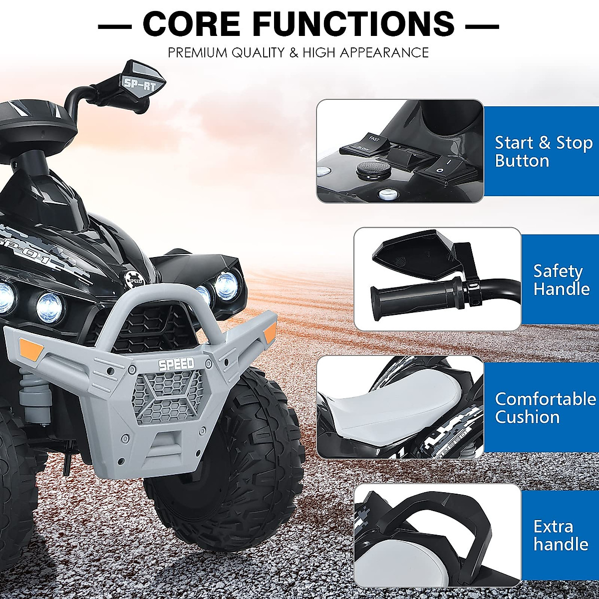 INFANS Kids Ride on ATV, 12V 4 Wheeler Quad Toy Vehicle with Music, Horn, High Low Speeds, LED Lights, Electric Ride On Toy, Battery Powered Wheels Car for Kids Over 3 Years Old (Black)