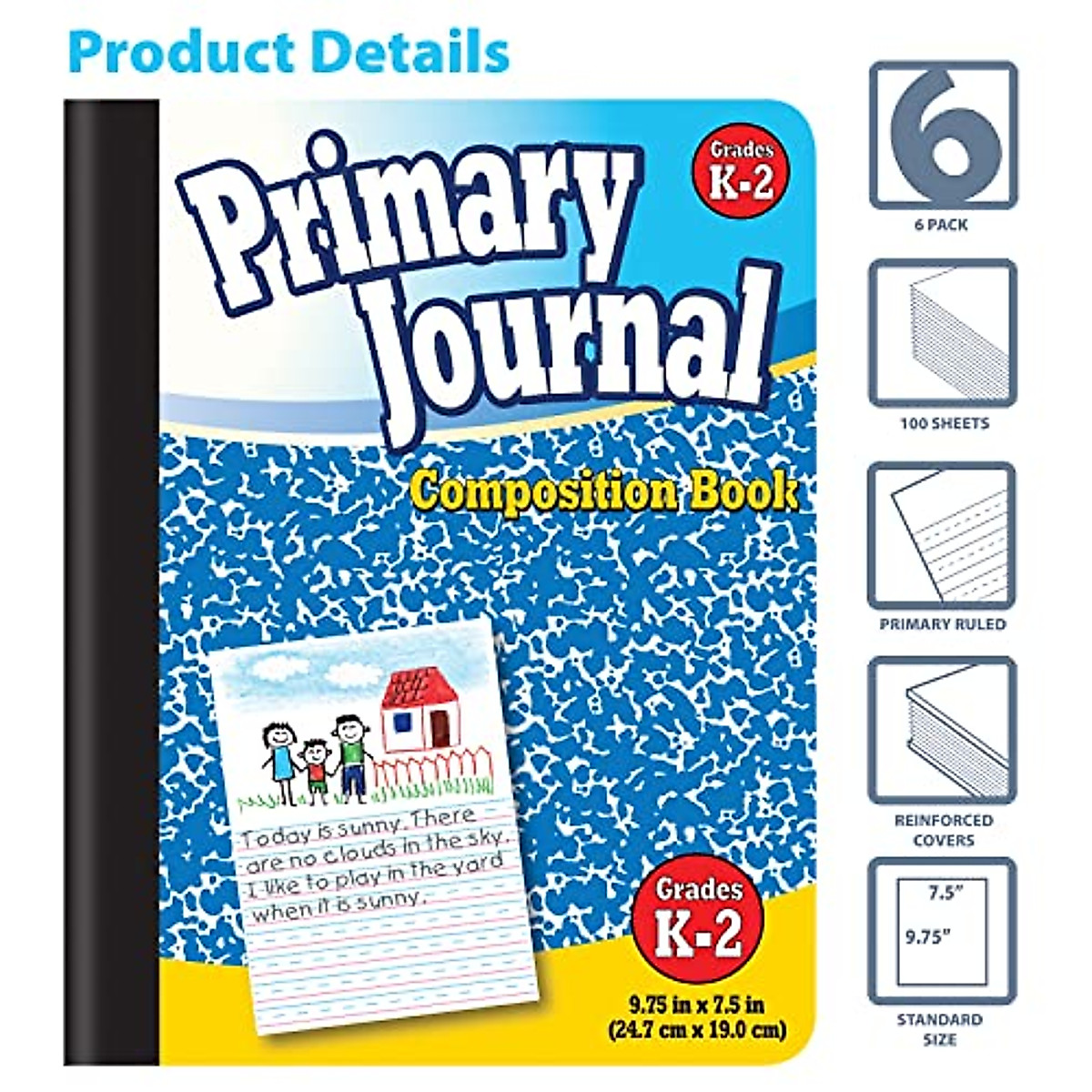 Primary Journal, Hardcover, Primary Composition Book Notebook - Grades K-2, 100 Sheet, One Subject, 9.75" x 7.5", Blue Cover-6 Pack