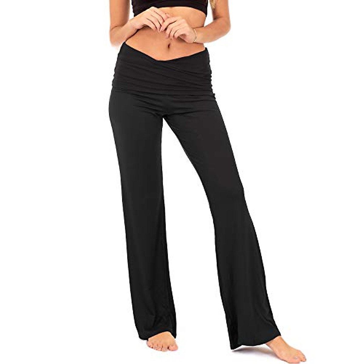 DEAR SPARKLE Fold Over Yoga Stretch Pants for Women | High Waist Bootleg Loungewear Pant + Plus Size (P8) (Black, Small)