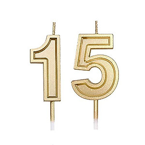 Bailym 15th Birthday Candles,Gold Number 15 Cake Topper for Birthday Decorations Party Decoration