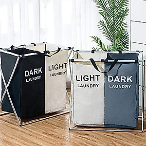 Laundry Hamper Basket Sorter Cart 2 Sections Laundry Bag with Aluminum Frame Waterproof Handles Heavy Duty Rolling Wheels for Dirty Clothes Toys Storage Baskets Bin for Bathroom Bedroom