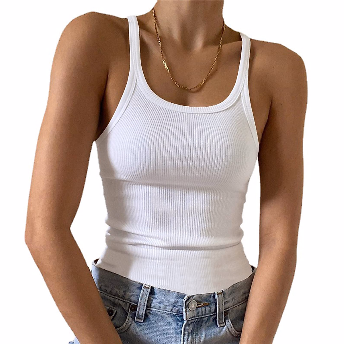 Artfish Women's Sleeveless Full Tank Top Form Fitting Scoop Neck Ribbed Knit Basic Tight Fitted Cami White S