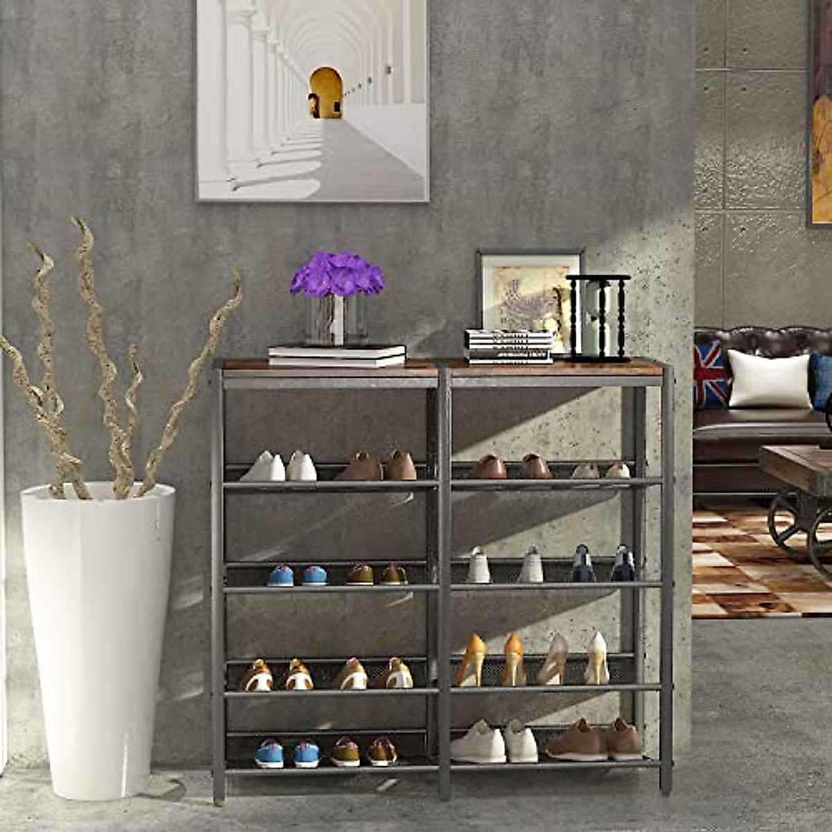 Lamerge Shoe Rack Storage Organizer, 5-Tier Shoe Storage Shelf for 16 Pairs,Stackable Shoe Shelf with 4 Metal Mesh Shelves /wood tabletop,for Entryway, Hallway, Closet, Dorm Room,Rustic Brown