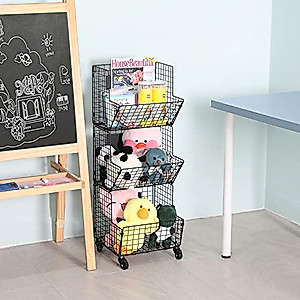 3 Tier Rolling Toy Organizer Basket - Wire Kids Toy Storage with Wheel, S-Hooks, Adjustable Chalkboards - Toy Storage Cart Wall Bookshelf for Kids Room, Playroom, Bedroom