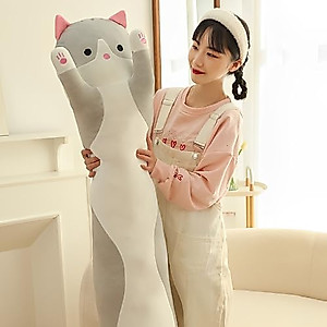 WUYU Lovely Plush Cat Doll Cute Cartoon Soft Stuffed Kitten Pillow Long Throw Sleeping Pillow Doll Toy Gift for Kids Girlfriend Multiple Size (Grey,50cm/19.6in)
