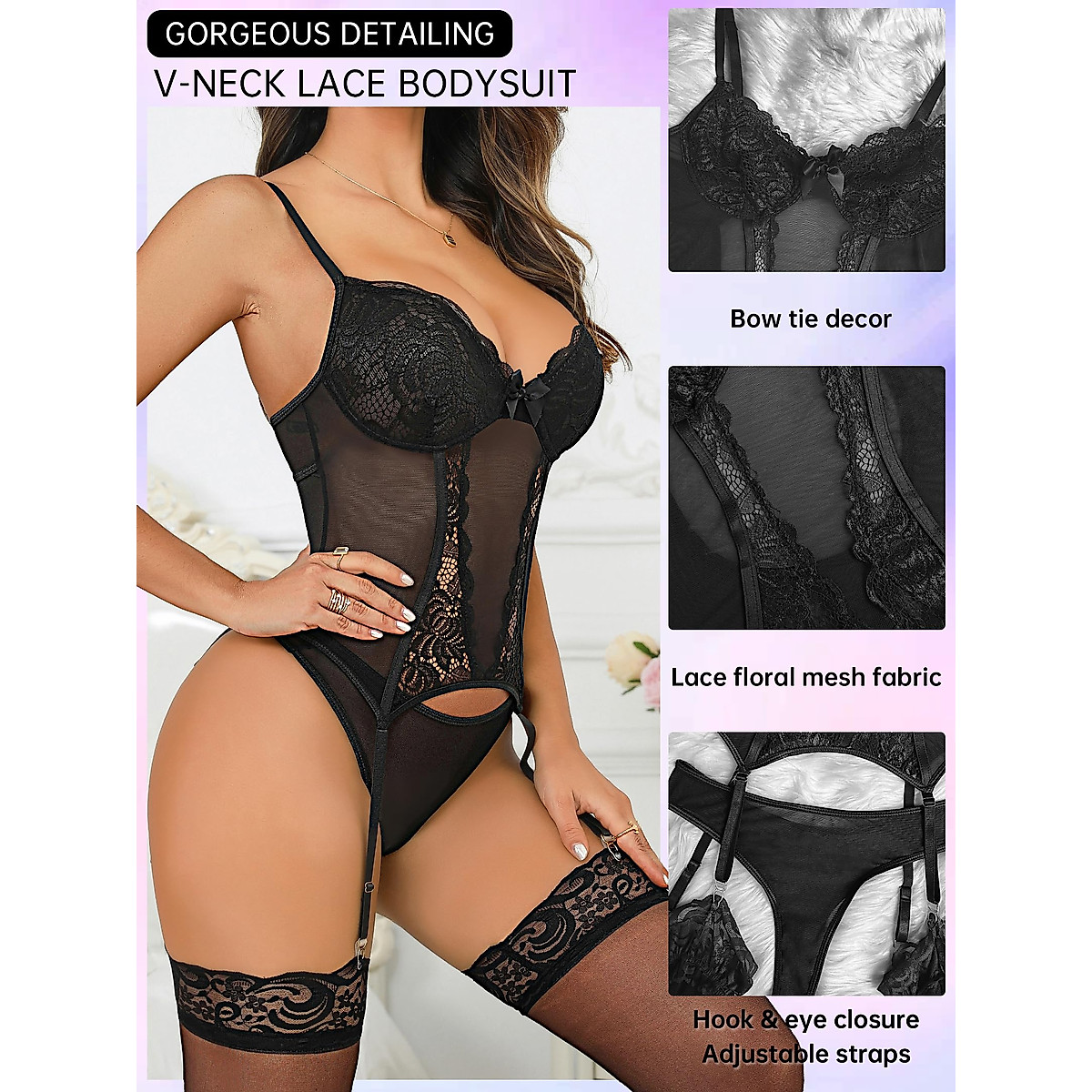 Women's Sexy Lingerie Set with Garter Belt Lace Bodysuit Teddy Baby Dolls Panty with Stockings