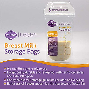 Fairhaven Health Milkies Breast Milk Storage Bags, 50 Count, Presterilized and BPA Free, No Leak and No Break, Easy to use, Freeze up to 6 Ounces