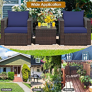 RELAX4LIFE 3-Piece Wicker Bistro Set - Outdoor Patio Rattan Sofa Set w/Washable Cushions & Tempered Glass Coffee Table, Conversation Furniture Set for Backyard, Porch, Garden & Poolside (Navy Blue)
