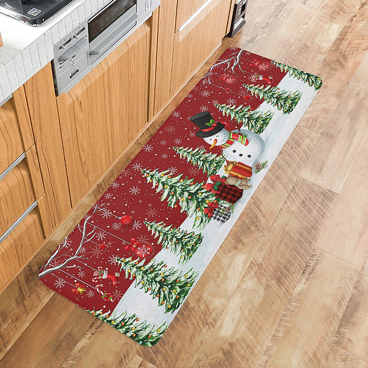 Libaoge Kitchen Mat Rug 1 PCS Christmas Snowman Xmas Tree Gift Winter Snow Red Runner Rug Anti-Fatigue Comfort Memory Foam Standing Mat Non-Slip Floor Door Mat for Bathroom Bedroom 20x63in