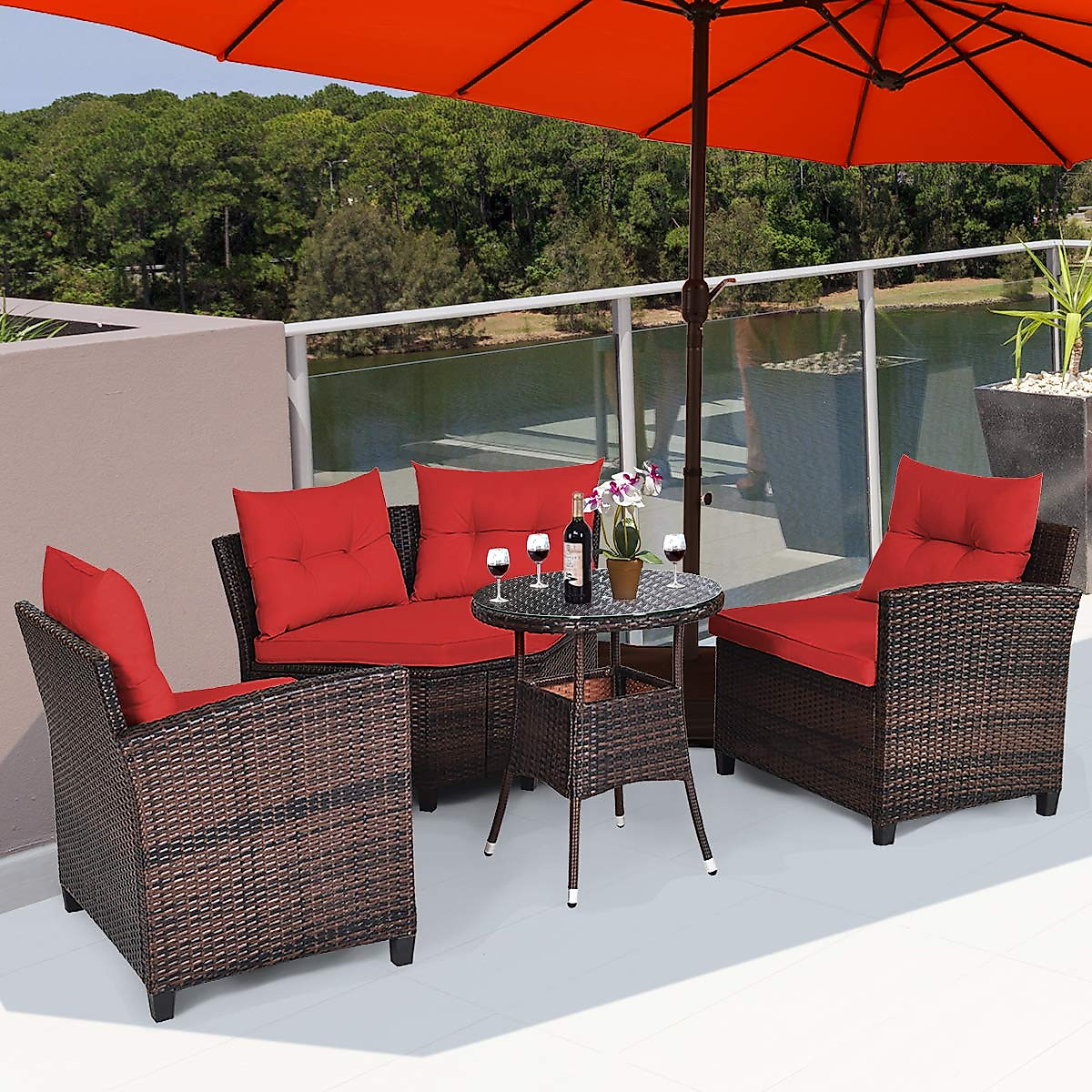 Tangkula 4-Piece Patio Furniture Set, C-Shape Outdoor Wicker Sectional Sofa Set, w/Cushions & Glass Coffee Table, Modern Deck Rattan Furniture for Garden Poolside Balcony (Red)
