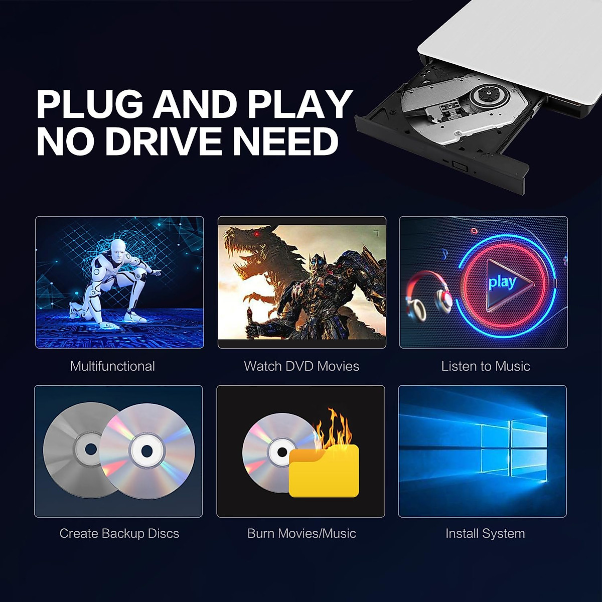 Hcsunfly External CD/DVD Drive for Laptop, USB 3.0 Ultra-Slim Portable Burner Writer Compatible with Mac MacBook Pro/Air iMac Desktop Windows 7/8/10/XP/Vista (White)