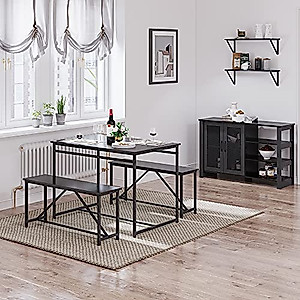 Panana 3 Piece Dining Room Table Set 43 Inch Kitchen Table with Two Benches Breakfast Table with Metal Frame Dining Room Home Black