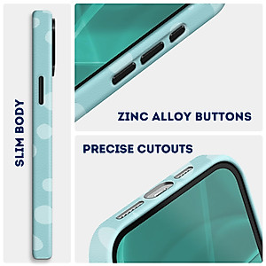 kingflag Vegan Leather Magnetic Case for iPhone 15 Pro Max Wireless Charging, Metal Buttons, Shockproof Protective Phone Case Cover for Women Men 6.7" (Teal with White Dots)