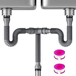 SAINT NIEVE Flexible Expandable P-Trap Kit for Double Kitchen Sink Drain - Fits 1 1/2" or 1 1/4" Pipes-Complete with Sealing Ring, Tape, and Tubing - Perfect for Kitchen, Bathroom, and Restroom Use
