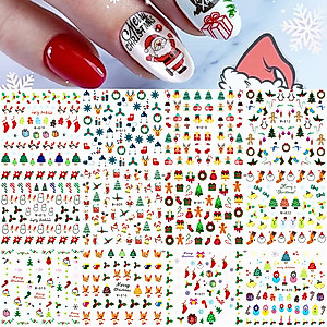 Christmas Nail Art Stickers, Snowflake Nail Decals Water Transfer Winter Nail Stickers Colorful Snowflake Santa Claus Snowman Bell Xmas Tree Sock Elk Nail Tattoo Stickers for Women Girls Kids (12