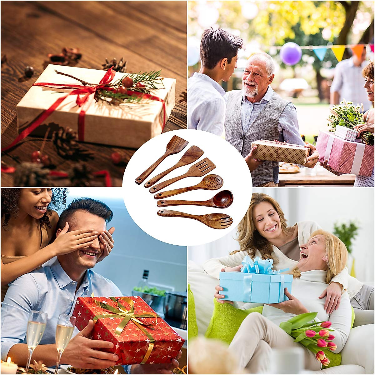 Wooden Kitchen Utensil Set Uncoated Dishwasher Safe Bamboo Cooking Utensils Set with Holes, Organic Teak Wooden Spoons for Cooking (Dark Brown)