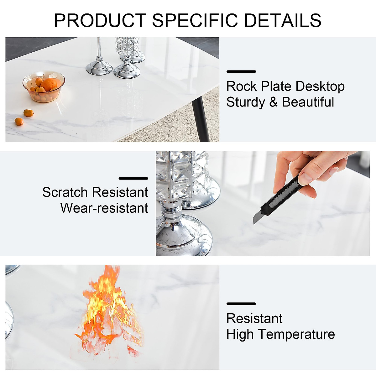 WEKEOT 50" White Modern Sintered Stone Dining Table Set for 4 Faux Marble Dining Table with 4 Upholstered PU Leather Chair Dining Room Table Set(1White Table+4White and Gray Chairs)