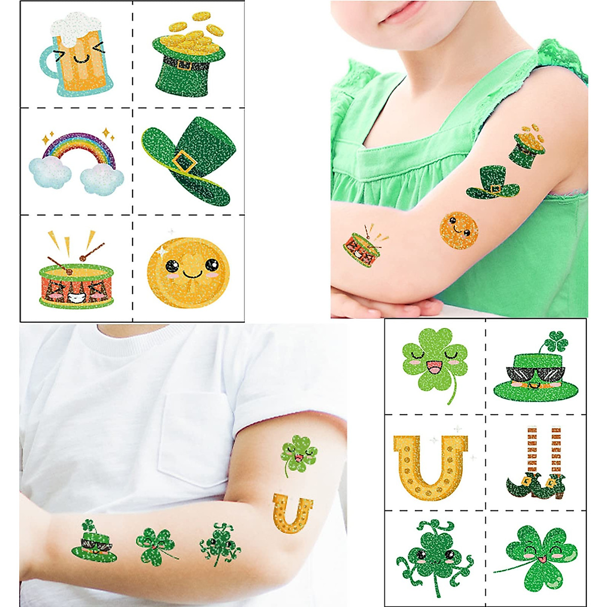 St. Patrick's Day Glitter Tattoos,Shamrock Lucky Clover Temporary Tattoo Stickers, St. Paddy's day Decorations Pack of 8,48Pcs Waterproof Decor for Men Women Kids
