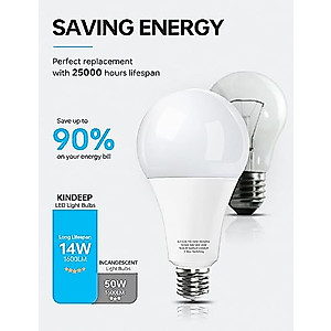 KINDEEP 3 Way LED Light Bulbs 50 100 150 Watt Equivalent, Three Way A21 LED Bulbs, E26 Base, Daylight White 5000K, 500 1600 2200LM for Home Reading, Desk Lamp, Table Lamp, 2 Pack