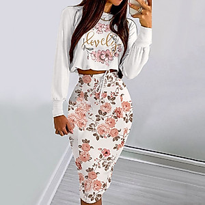 Aniywn Women's Casual 2 Pieces Outfits Solid Long Sleeve Crop Top Printing Bodycon Midi Skirt Dress Tracksuits Set