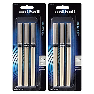 Uni-Ball Deluxe Rollerball Stick Pens, Fine Point 0.7mm, Black Ink, Champagne Gold Barrel, Pack of 6