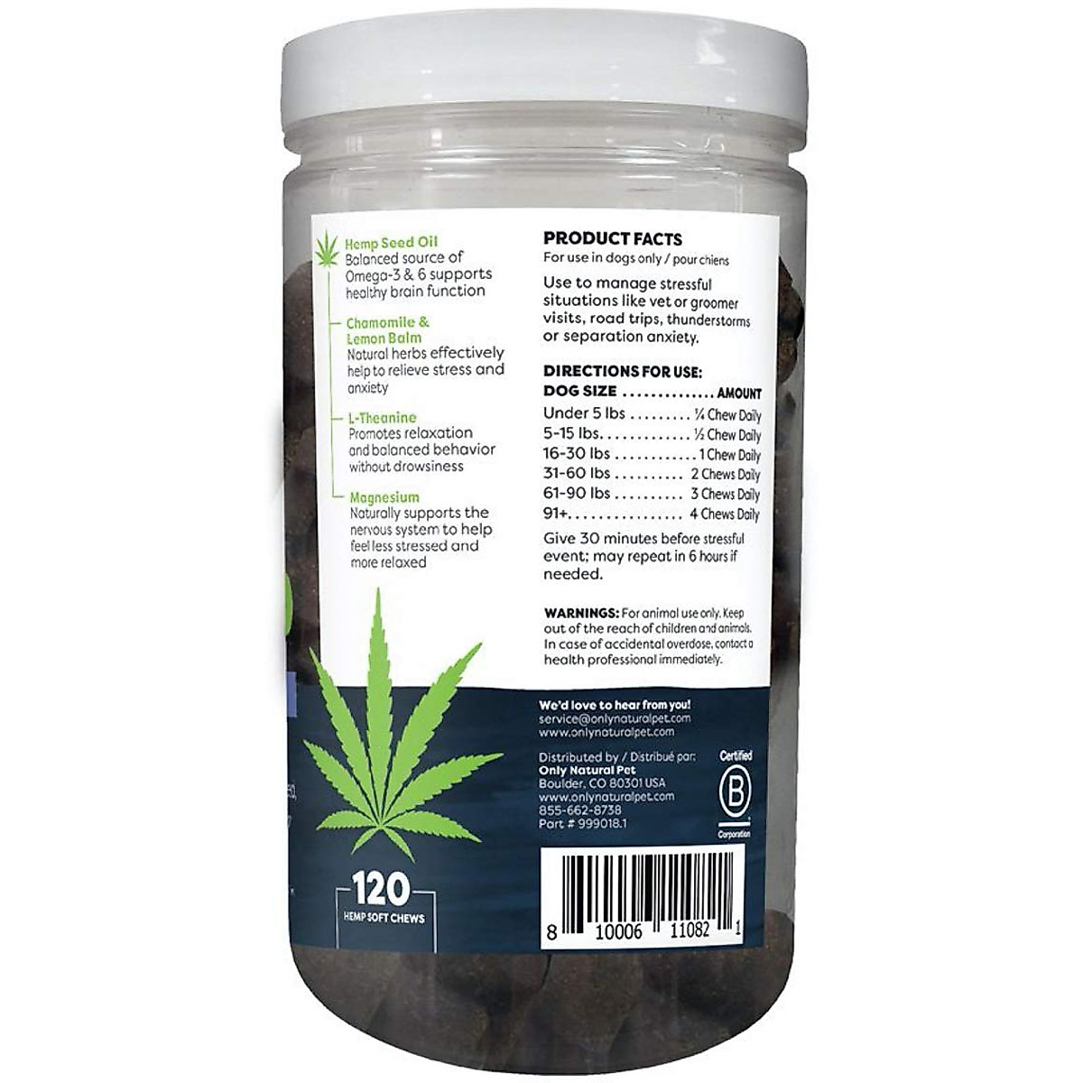 Only Natural Pet - Natural Hemp Soft Chew Bites for Dog Stress & Anxiety Relief - L-Theanine, Chamomile & Lemon Balm - Hemp Oil Calming Chews for Dogs - 120 Count