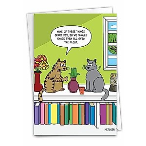 NobleWorks - 1 Funny Animal Card for Birthdays - Pet Cat and Dog Humor, Birthday Notecard with Envelope - Cat Spark Joy C7297BDG