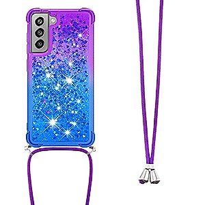 CCSmall Samsung Galaxy S21 FE (Not S21) Case,Strap Crossbody Gradient Quicksand Bling Sparkle Flowing Liquid Floating with Neck Cord Lanyard Strap Cover for Samsung Galaxy S21 FE LSGS Purple Navy