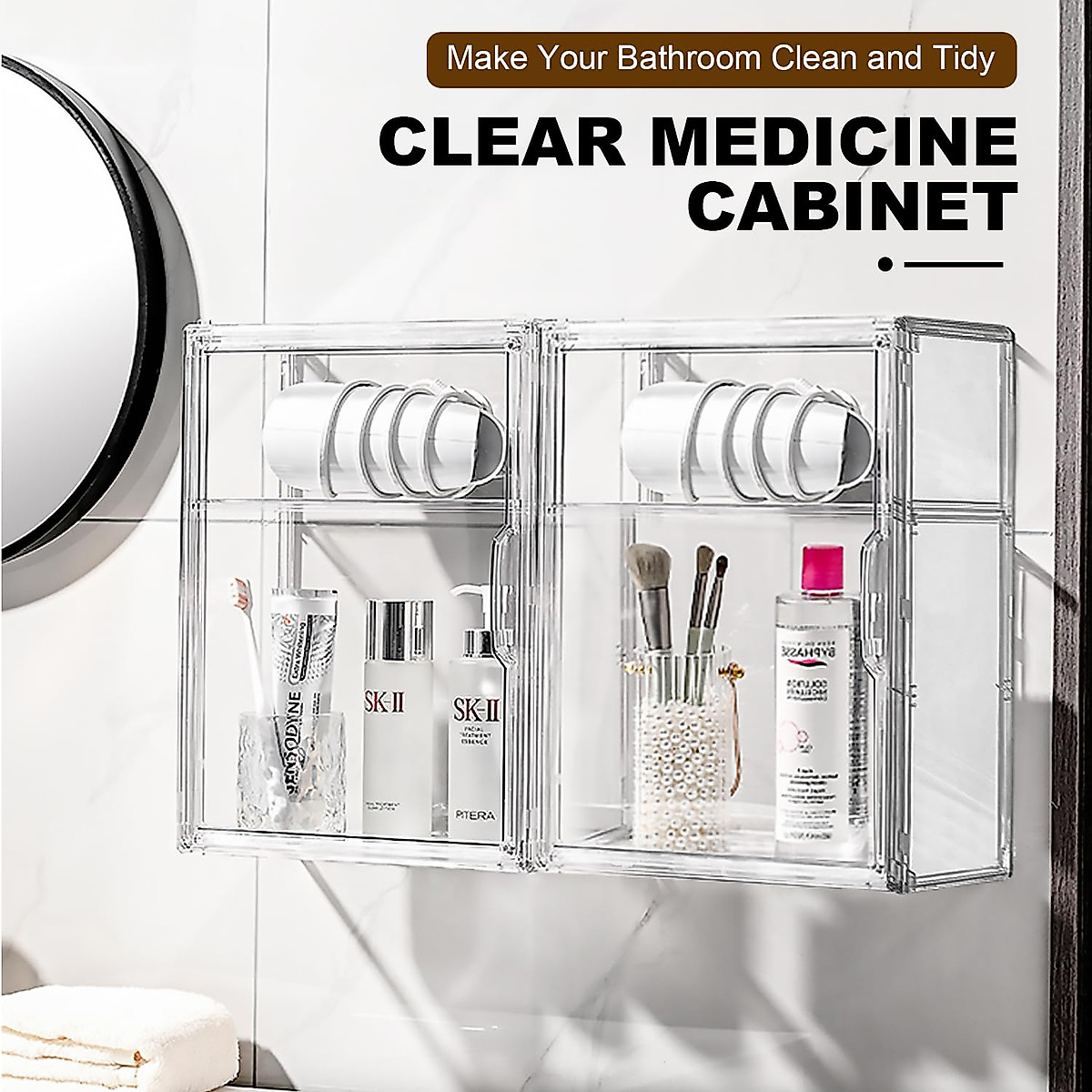 Medicine Cabinet Wall Mounted, Small Bathroom Wall Cabinet with Detachable Partitions and Waterproof Frame, Self Adhesive Farmhouse Storage Cabinet for Smooth Wall Surface and Countertop - Clear