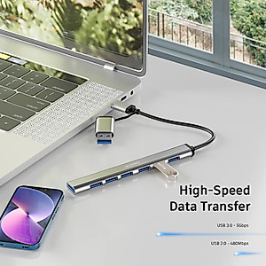 ACHORO 7 USB Hub – Built in USB A Port & USB C to USB Adapter Multiple USB Port for PC, Mac,MacBook Pro, iMac & Desktop - Aluminium Alloy Portable Extra USB Port & Mini USB Hub (7 Ports)