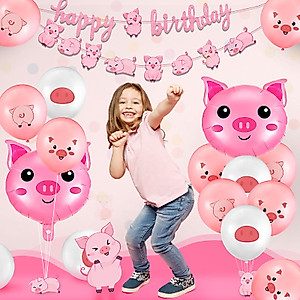 36 Pcs Pig Birthday Party Decorations Pink Pig Farm Animal Birthday Banner Piggy Latex Balloons Jumbo Pink Pig Head Foil Balloons for Piggy Baby Shower Decorations Pink Farm Themed Party Supplies