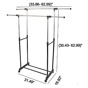 Ymlpre Standard Clothing Garment Rack Double Rail Rolling Clothes Rack with 4 Wheels and Bottom Shelves Hanging Clothes Organizer Stand Rack, Height Adjustable, Dual Black-Silver