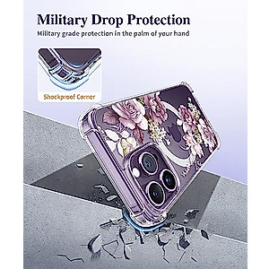 GVIEWIN for iPhone 14 ProMax Case Compatible with MagSafe, [Screen Protector + Camera Lens Protector] [MIL-Grade Protection] Magnetic Floral Clear Shockproof Women Phone Case for 14 Pro Max(Purple)