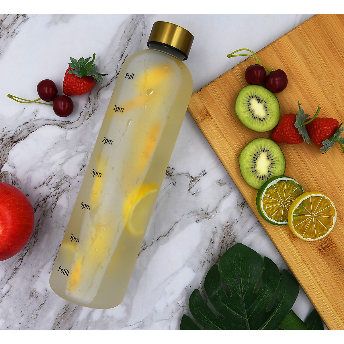 Healthywish Water Bottle Tracker, 1 Liter | 32 Oz, Gold Lid, Motivational, Leak Proof, BPA Free, Cycling