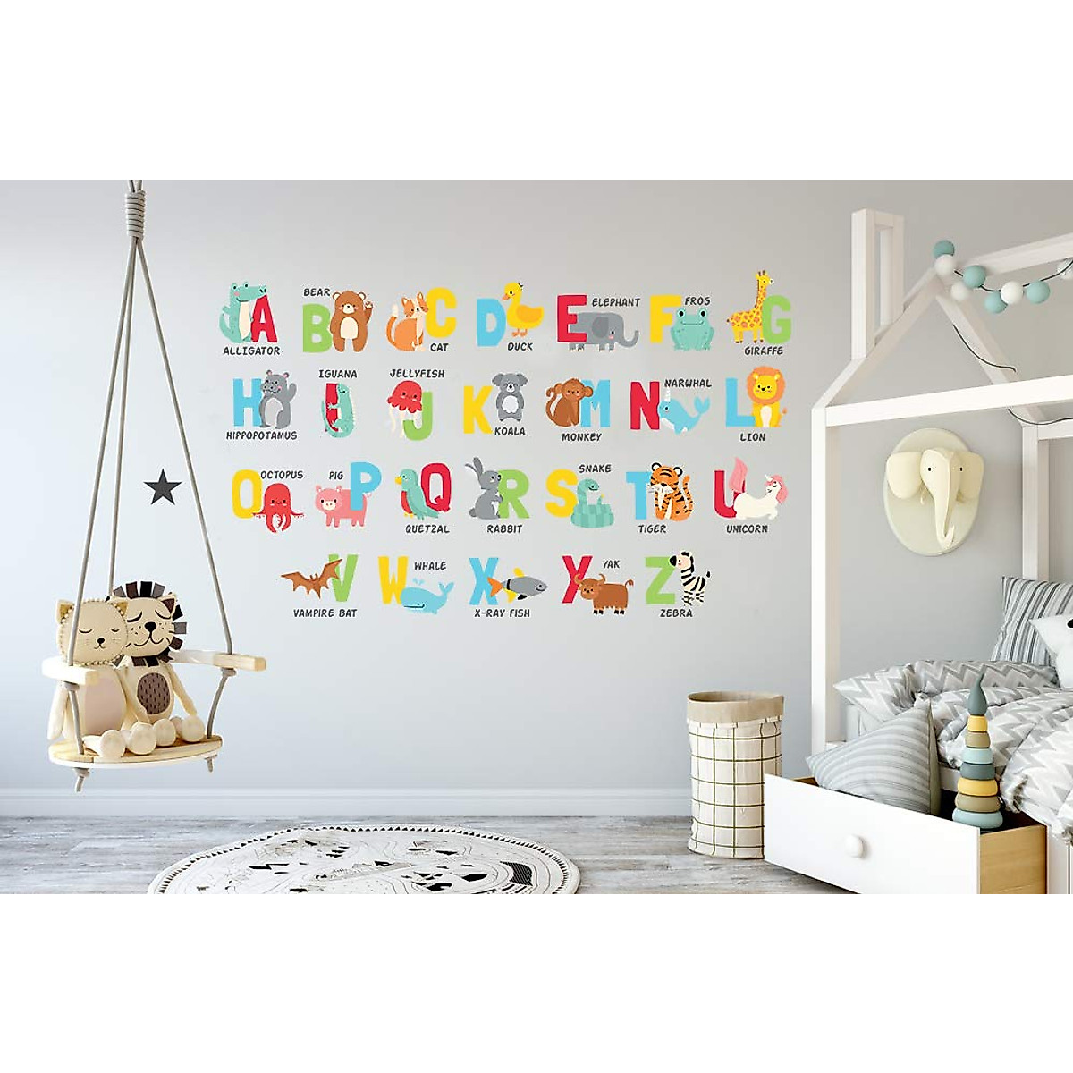Mienno Alphabet Wall Decals, Animal Alphabet Wall Stickers for Kids Room, Nursery Room, Classroom, Removable Vinyl Animal Alphabet Stickers Decals