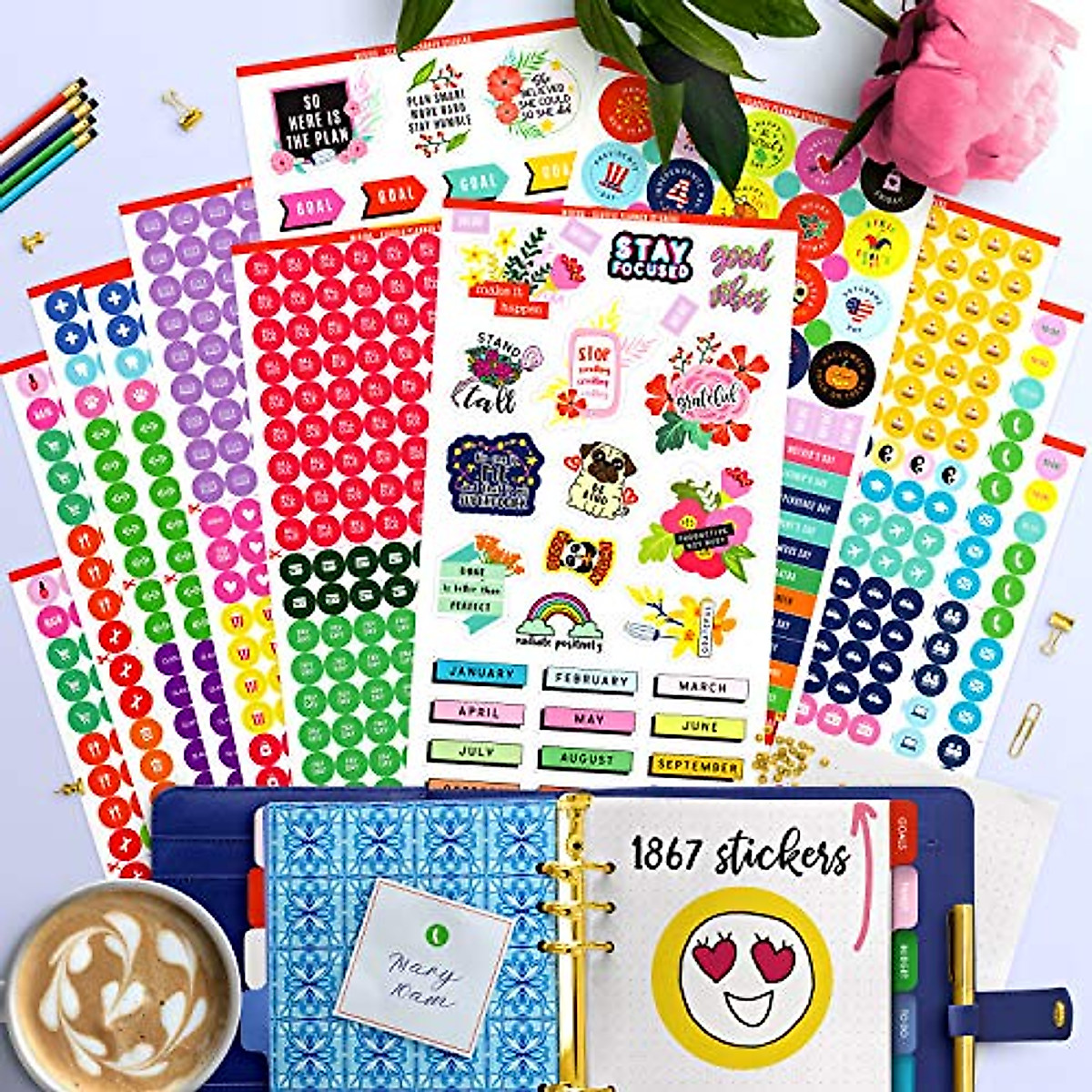 Mirida Planner Stickers – 1867 Daily Icons and Inspirational Stickers for Adults Calendar, Classic Pack for Budget, Work, and Holidays