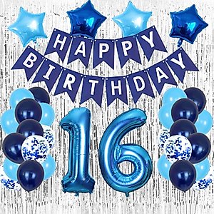 16 Birthday Decorations, Blue 16th Birthday Decorations Girls Boys Party Supplies, Happy 16th Birthday Balloons with Foil Fringe Curtains for Woman Men Birthday Party (16th)