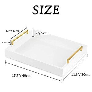 Hanobe White Decorative Trays for Coffee Table MDF Large Ottoman Tray for Living Room Bathroom Coffee Bar Decor Modern Tray with Gold Handles (White, 1)