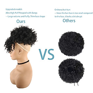 CINHOO Curly Ponytail Wigs for Black Women Hair Balls for Girls Natural Hair Wig Afro High Puff Bun Hair Pieces for Women Synthetic Drawstring Ponytail Extension for Black Women Pontail with Bangs