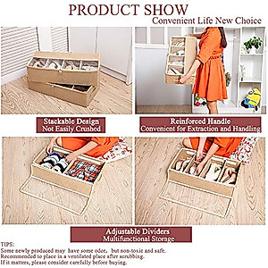 Shoe Storage Under the Bed with Adjustable Dividers,Clear Cover, Sturdy Zipper&Handle,Sides Include Cardboard,Stackable Under bed Shoe organizer, Greate Under bed Shoe Storage Solution,2PCS