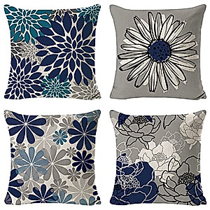 Set of 4 Decorative Throw Pillow Covers 18x18 Blue and Grey Modern Daisy Floral Pillow Covers for Living Room Farmhouse,Modern Simple Boho Cushion Bed Outdoor Home Decor