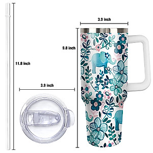 Puhnhsv 40 oz Insulated Stainless Elephant Tumbler With Handle and Straw, 40oz Coffee Travel Mugs Cup Water Bottle Elephant Lovers Gifts for Women Girls