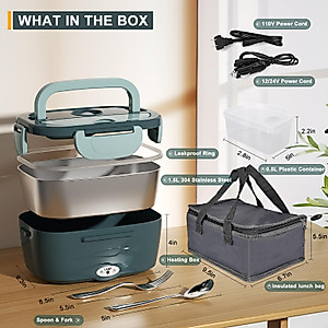 Monteka Electric Lunch Box Food Heater - Leakproof Portable Food Warmer heated lunch box for adults for Car/Home/Truck with 1.5L Removable Stainless Steel Container, 12V/24V/110V