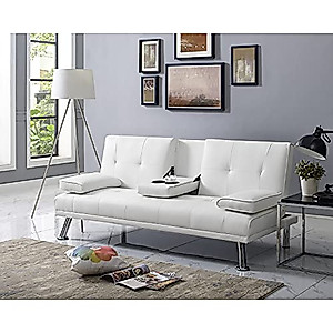 Futon Sofa Bed, Faux Leather Futon Couch with Armrest and 2 Cupholders, Pull Out Sofa Bed Couch Convertible with Metal Legs, Folding, Reclining Small Couch Bed, Futon Bed for Living Room - White