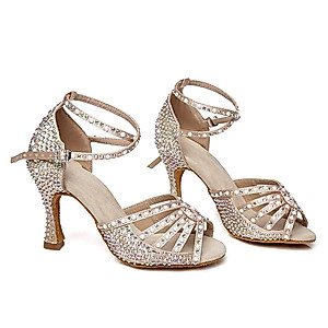 JUODVMP Women's Latin Dance Shoes Rhinestones Satin Ballroom Dance Shoes Salsa Professional Dance Shoes,Model 430,3 inch Heel,Nude,7 US